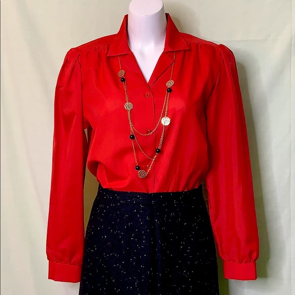 Vintage | Tops | Vintage 8s Bright Red Button Down Blouse | Poshmark